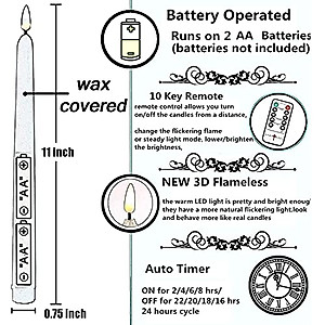 NONNO & ZGF 4 Pack Black 11'' LED Wax Covered Taper Candles, Use 2-AA Battery(not Included Runs 200 Hours,Remote Control, Flameless Battery Operated Decor Candle, Warm White LED