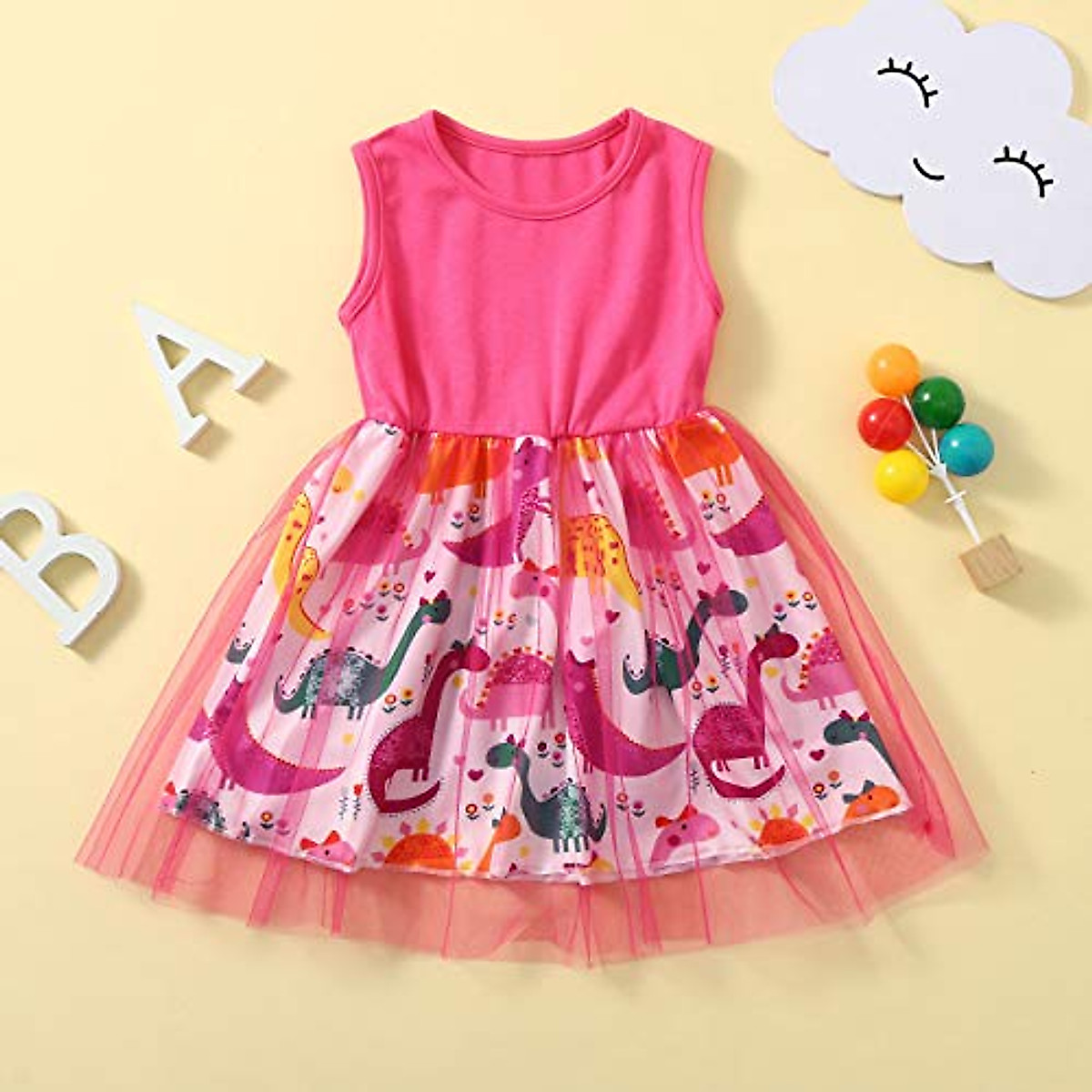 Girls Dress Skirt Toddler Kids Baby Girls Sleeveless Patchwork Dinosaur Party Tulle Princess Dress,for Kids Festival Birthday Gifts(Pink,3-4 Years)