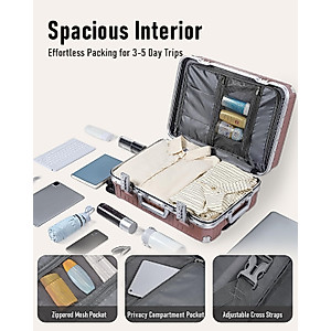 FIGESTIN Carry on Luggage Airline Approved, Aluminum Frame Hard Shell Suitcases with Wheels,100% PC Lightweight, No Zipper Suitcase TSA Approved, 20" Carry-On(Rose Gold)