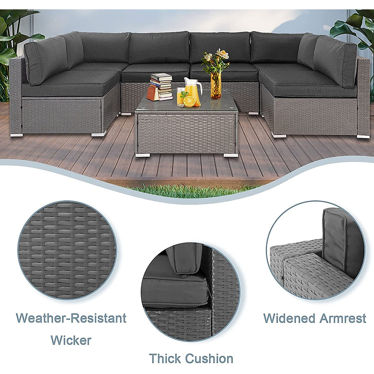 Incbruce 7-Piece Outdoor Furniture Sofa Set, All-Weather Gray Wicker Sectional Couch, Patio Conversation Sets with Glass Coffee Table and Washable Cushions (Grey)