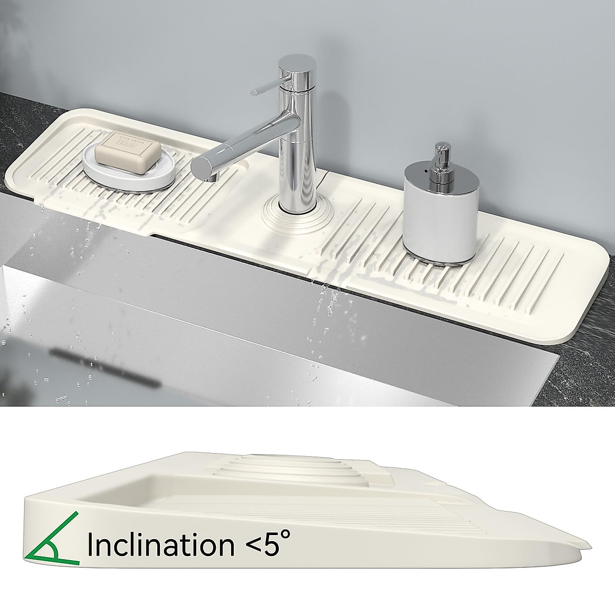 Kitchen Sink Splash Guard Behind Faucet 24 x 5.5 Inch, Toovem Faucet Handle Drip Catcher Tray, Longer Silicone Sink Faucet Mat, Dish Soap Sponge Holder for Bathroom, Farmhouse, Bar, Rv,Beige White