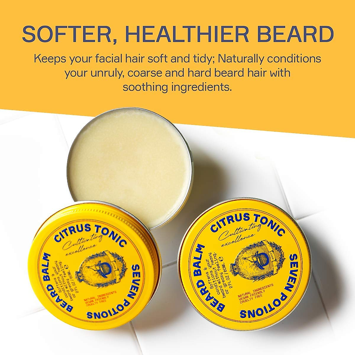 SEVEN POTIONS Beard Balm for Men — Conditioning Beard Softener to Nourish Skin, Facial Hair, and Stop Beard Itch — All-Natural, Vegan, Cruelty Free — Citrus Tonic (2 FL OZ)