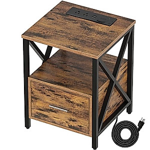 Rolanstar End Table with Wireless Charging Station, Nightstand with Power Outlet & USB Ports, Farmhouse Side Table with Drawer Storage Shelf for Living Room, Bedroom, Rustic Brown