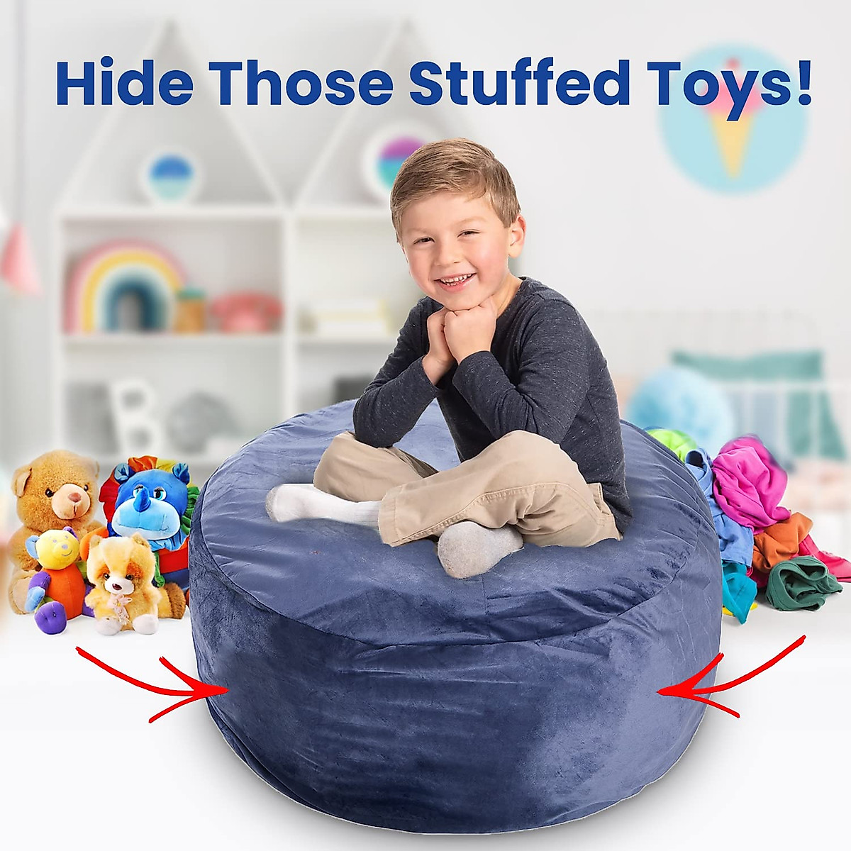 Cheer Collection Oversized Storage Bag, Kids Plush Toy Storage Organizer and Bean Bag Chair with Handle, Microplush Zippered Bag for Organizing Stuffed Animals - Navy Blue