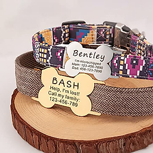 Anavia Bone Shape Slide On Silent Pet ID Tags, S/M/L/XL Gold Black Personalized Engraved Cat Dog Name Tags, Glossy Finish Stainless Steel Chew-Proof Quiet Dog Collar Tag