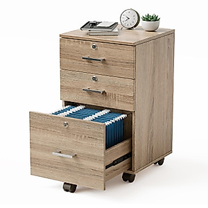 VINGLI Mobile 3 Drawer File Cabinets for Under Desk, Wooden Filing Cabinets for Home Office, Printer Stand & File Cabinet with Lock, 26-in H(Caster Included), Oak
