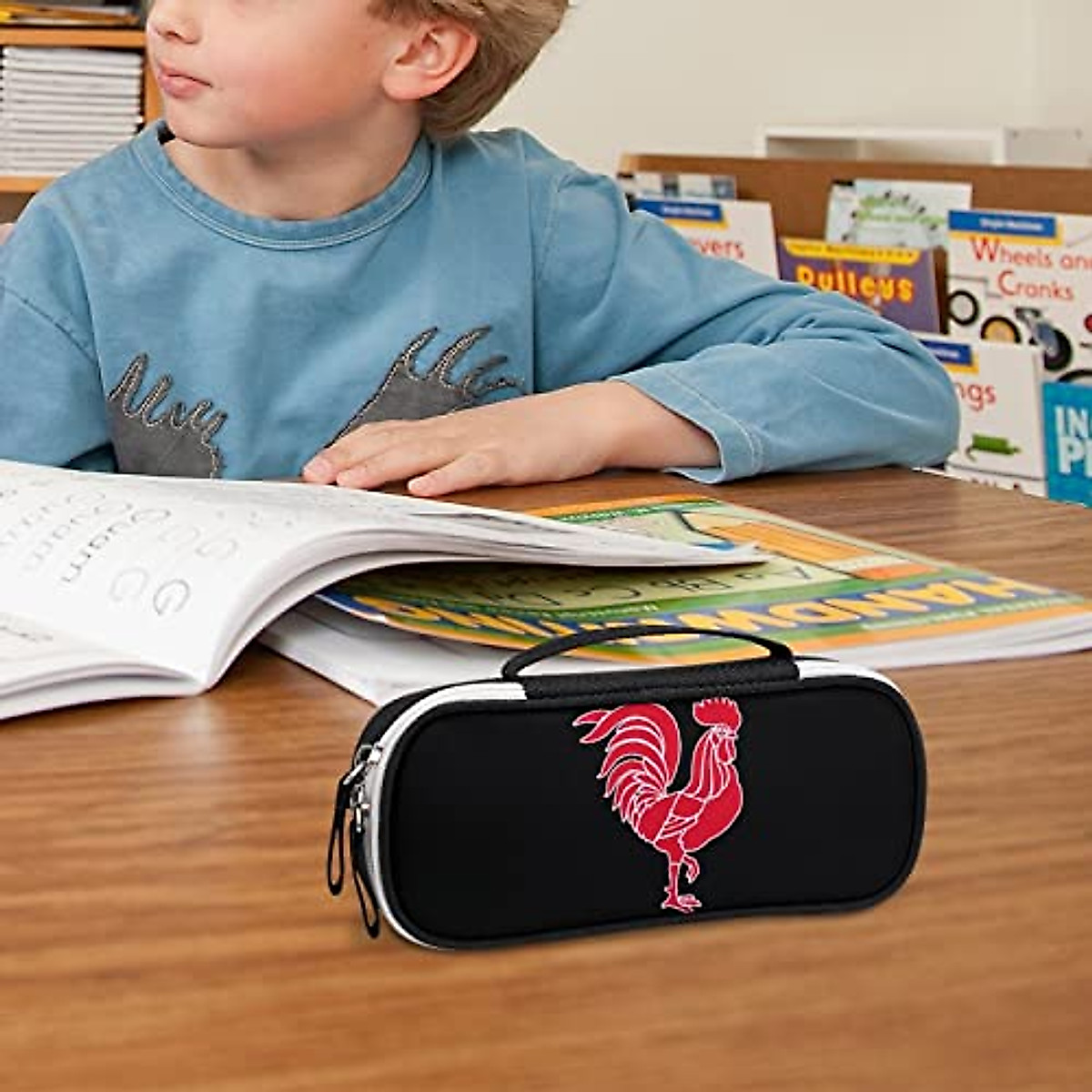 Red Cock Rooster PU Leather Pencil Pen Case Organizer Travel Makeup Handbag Portable Stationery Bag