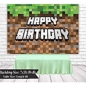 7x5ft Pixel Happy Birthday Backdrop for Video Game Family Birthday Party Supplies Decorations Mining Dirt Block Banner Pixel Miner Birthday Banner Photography Background