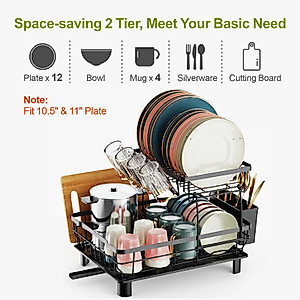 GSlife Dish Drying Rack with Drainboard - Large 2 Tier Dish Rack with 12 Plate Slot, Dish Racks for Kitchen Counter with Utensil Holder Cup Holders Cutting Board Holder, Black