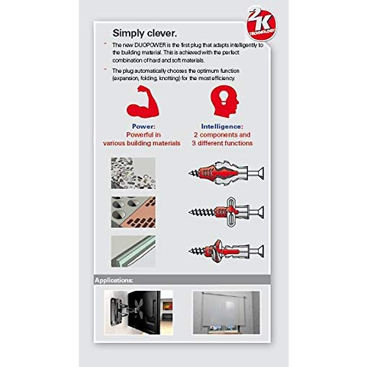 fischer DuoPower 1/4"x1-3/16", Powerful Universal Plug with Intelligent 2-Component Technology for fastenings in Concrete, Bricks, Gypsum plasterboard, chipboard, 100 Plugs Without Screws