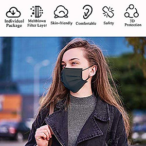 Pack of 50 Disposable Face Mask 3-Ply Breathable & Comfortable Safety Mask, Protective Masks for Indoor and Outdoor - Individually Wrapped (Black Mask)