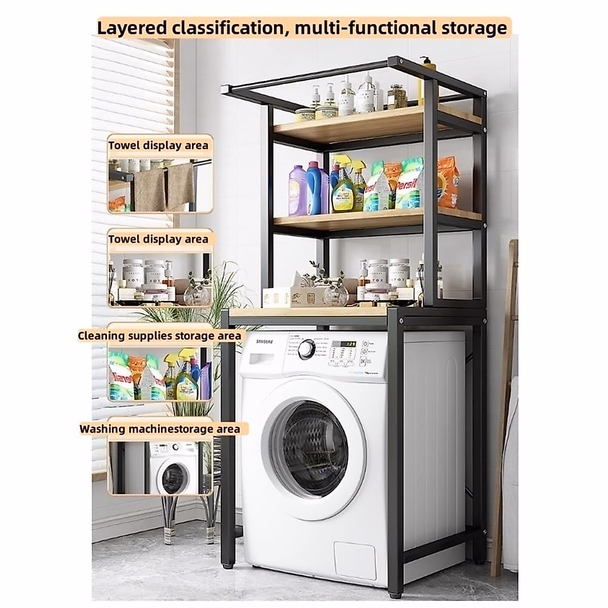 WSZDRH 3-Tier Laundry Organization and Storage Shelf, Over Washer and Dryer Storage Shelves, Laundry Room Organization Over The Washing Machine Storage Rack(Black)