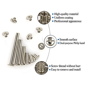 Alloypro 120 Pcs (60 Pair) M5 x 6/10/15/25/35/45 Silvery Phillips Chicago Screws Binding Screw Posts,Scrapbook Photo Albums Binding Screws Assorted Kit 6 Sizes for Leather Saddles Purses Belt Repair