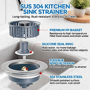 zaa 2 Pack 3in1 Kitchen Sink Drain Strainer and Sink Stopper, Stainless Steel Kitchen Drain Plug & Cover with Anti-Clogging Basket Strainer, Fit US Standard 3-1/2'' Drain Hole