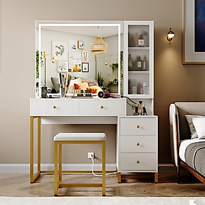 Wildhome Vanity Set with Lighted Mirror and Charging Station, Extra Large Mirror Makeup Vanity Table with Cushioned Stool,5 Drawers, Modern Vanity Table with Nightstand, White and Gold