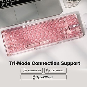 KiiBoom Phantom 68 65% Hot Swappable Crystal Gasket-Mounted Mechanical Keyboard, BT5.0/2.4GHz/USB-C Wired Wireless NKRO Gaming Keyboard with South-Facing RGB, 4000mAh Battery for Win/Mac(Pink)