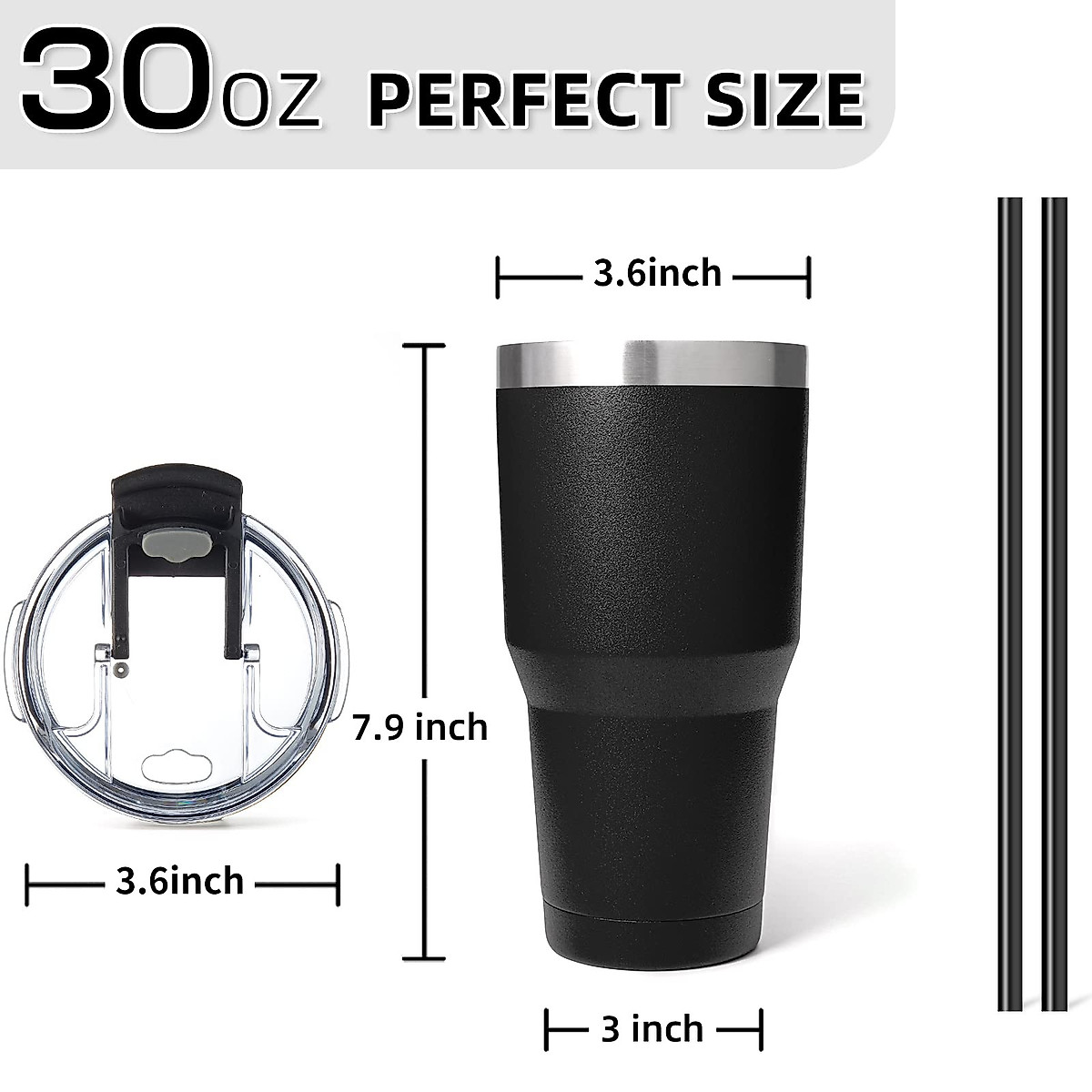 Zibtes 30oz Insulated Tumbler With Lid and Straws, Stainless Steel Double Vacuum Coffee Tumbler, Powder Coated Travel Mug for Home, Office, Travel, Party (Black 1 pack)