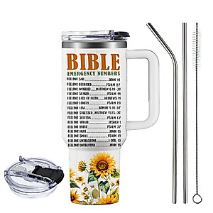 NIAXAUYT Sunflower Christian Gifts for Women, 40 oz Bible Emergency Numbers Tumbler with Lid and Straw, Inspirational Religious Birthday Gifts for You are Cup Christian