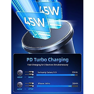 LISEN 90W USB C Car Charger Fast Charging, Dual USB C Port PD 45W Cigarette Lighter Adapter USB C Charger, Super Fast Car Charger USB C with Lightning Cable & USB C Cable for iPhone 15 Pro Max/Samsung