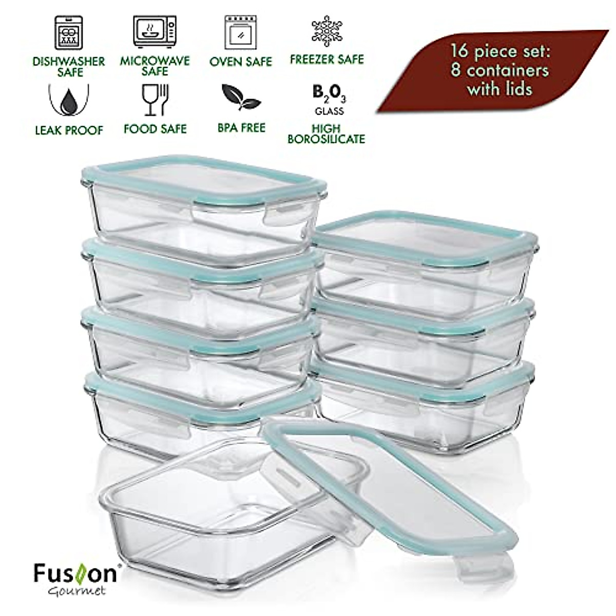 Fusion Gourmet Set of 8 Same Size Glass Food Storage Containers with Lids [4.4 cup 35 oz ea.] Airtight, Leak proof, Oven, Microwave & Freezer Safe, Reusable Meal Prep Set, Stain & Odor Resistant