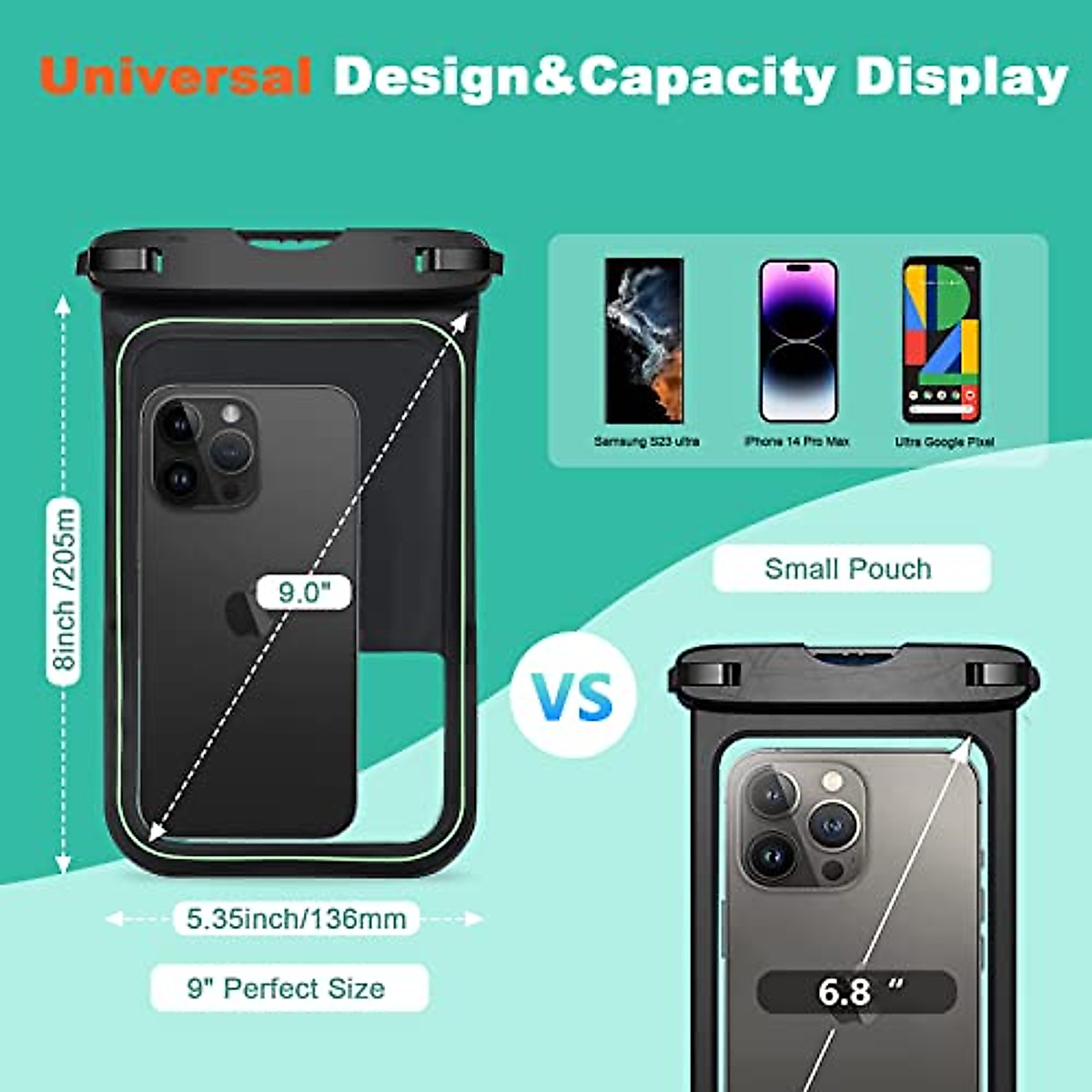 SUPFINE 2 Pack Waterproof Phone Pouch Floating, Large Waterproof Cell Phone Case, IPX8 Waterproof Dry Bag with Lanyard for iPhone 14 Pro Max/ 13/12/ 11/ Galaxy S23 Ultra S22 Vacation Swimming- Black