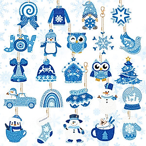 Remuuly 24 Pcs Winter Diamond Painting Keychain 5d Double Sided DIY Diamond Art Keychains Snowflake Snowmen Owl Diamond Painting Ornaments Full Diamond Painting for Valentine's Day Gift Holiday Decor