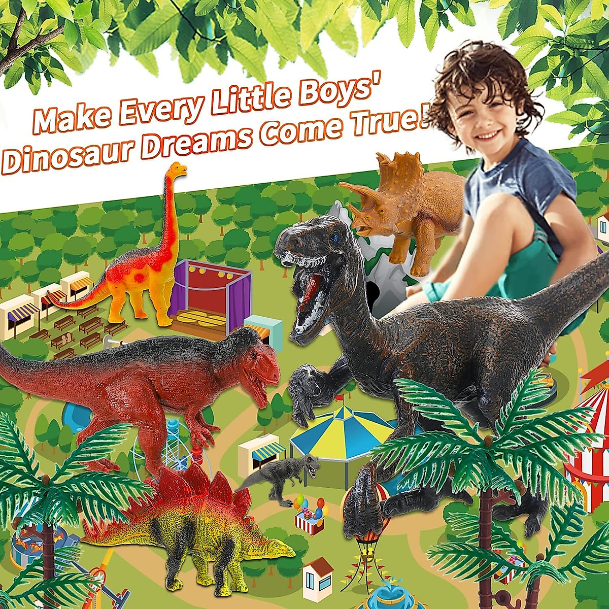 Kids Dinosaur Toys Jurassic Dino Figure Set Play Mat Little Boys Room Decor 3 4 5 6 7 8 Year Old Gift Juguetes Dinosaurios Para Niños Autism Train Kit Present Trex T Rex Playset Learning Resources