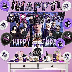 Wednesday Addams Birthday Supplies -Wednesday Birthday Party Decorations include Happy Birthday Banner, Tableware Set, Tablecloth, Backdrop, Cake Toppers, Cupcake Toppers, Latex Balloons
