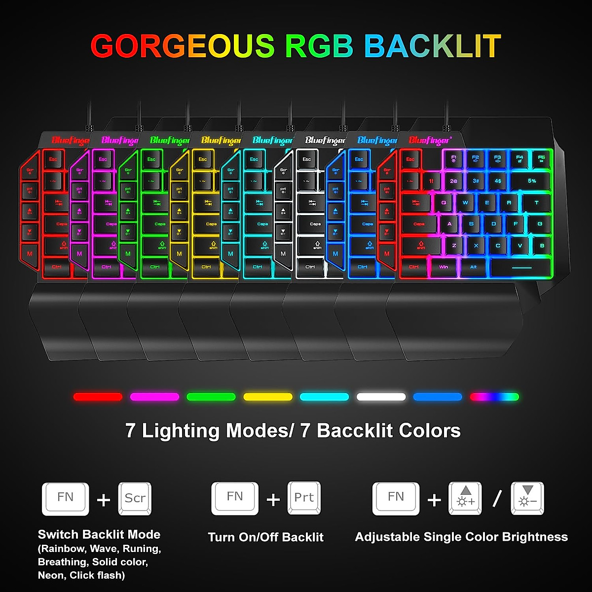 One Hand RGB Gaming Keyboard,USB Wired Rainbow Letters Glow Single Hand Keyboard with Wrist Rest Support Multimedia Keys, Backlit Ergonomic Mechanical Feeling Keyboard for Game