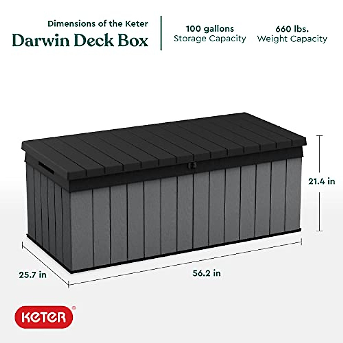 Keter Darwin 100 Gallon Resin Large Deck Box - Organization and Storage for Patio Furniture, Outdoor Cushions, Garden Tools and Pool Toys, Grey & Black