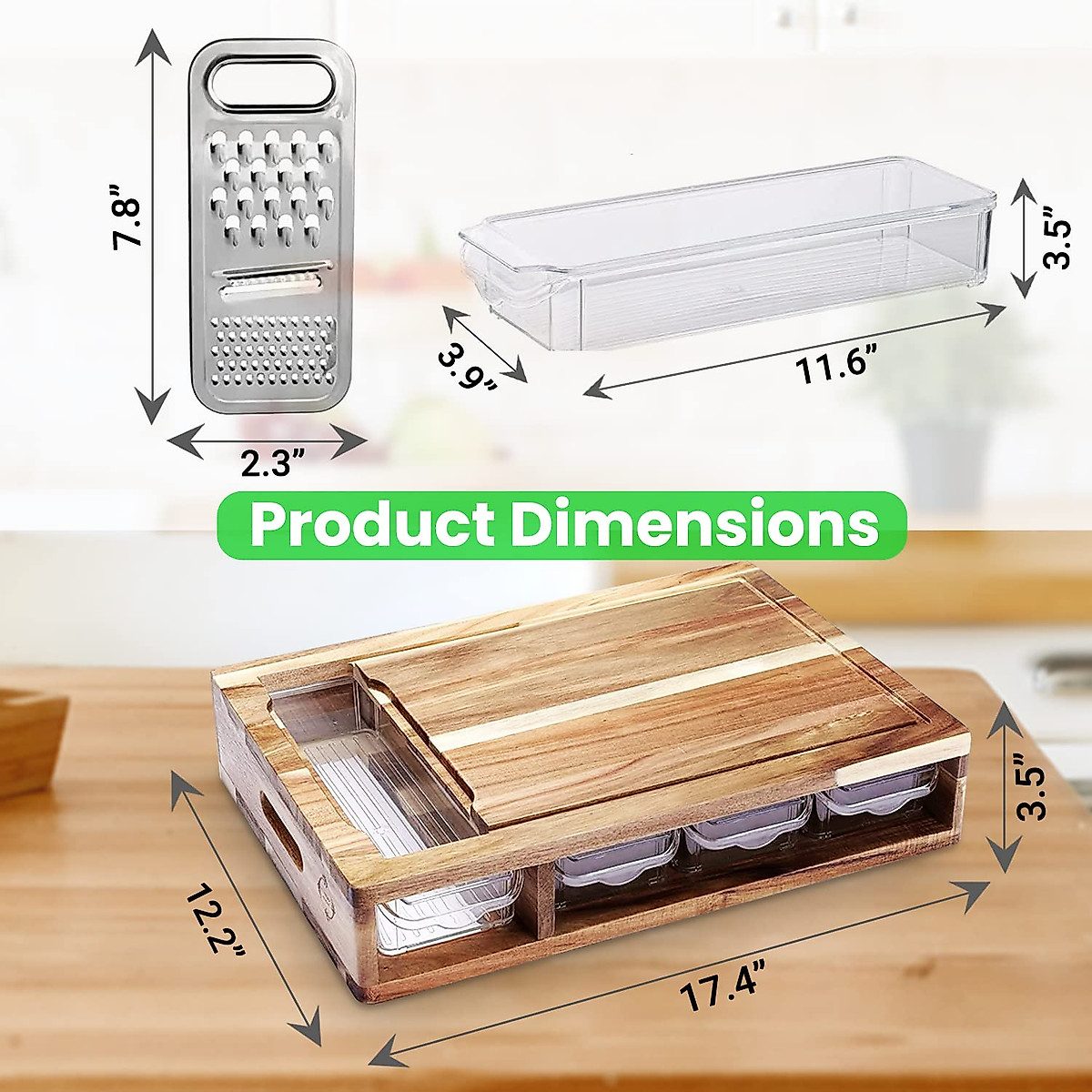 Acacia Wood Cutting Board with Containers & Lids, 3in1 Grater and bonus Bamboo Phone and Tablet Holder by SWILLT-Large Acacia Wood Chopping Board with 4 Storage Trays, Food Prep Cleanup, Juice Groove