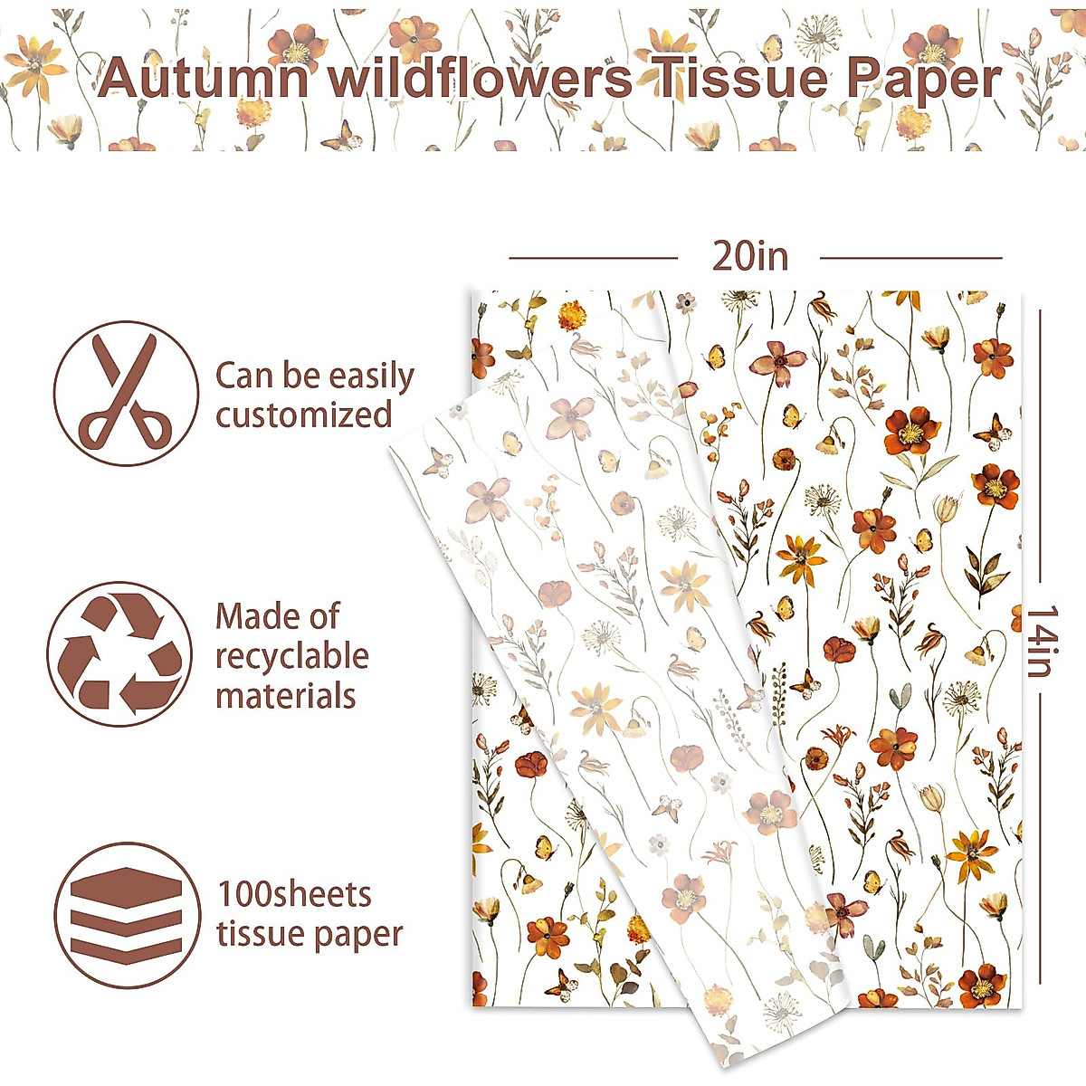 JarThenaAMCS 100 Sheets Fall Floral Tissue Paper Autumn Wildflower Gift Wrapping Paper Flower DIY Art Craft Tissue for Thanksgiving Wedding Birthday Party Decor, 14 x 20 Inch