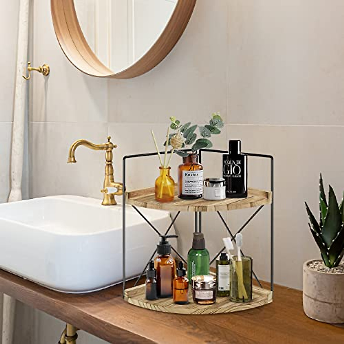 Corner Bathroom Organizer Countertop, 2 Tier Bathroom Trays Vanity Organizer for Counter, Rustic Corner Shelf for Home Small Space, Wood Cosmetic Holder Makeup Standing Rack, Kitchen Spice Rack