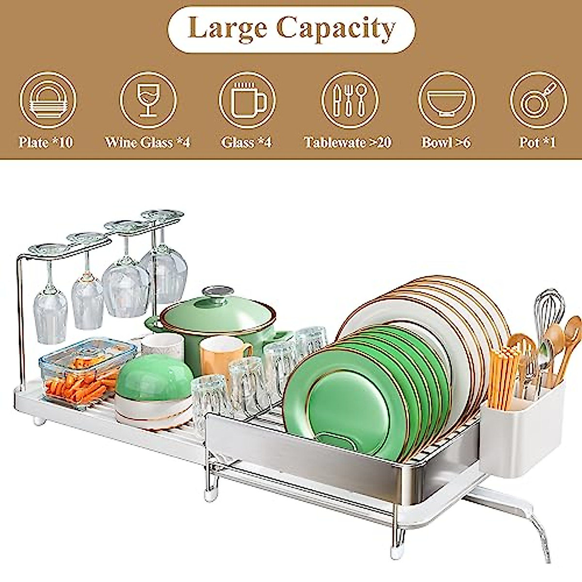 Dish Drying Rack - Expandable Dish Rack - Large Stainless Steel Dish Dryer Racks for Kitchen Counter with Wine Glass Holder, Cutlery Holder, White