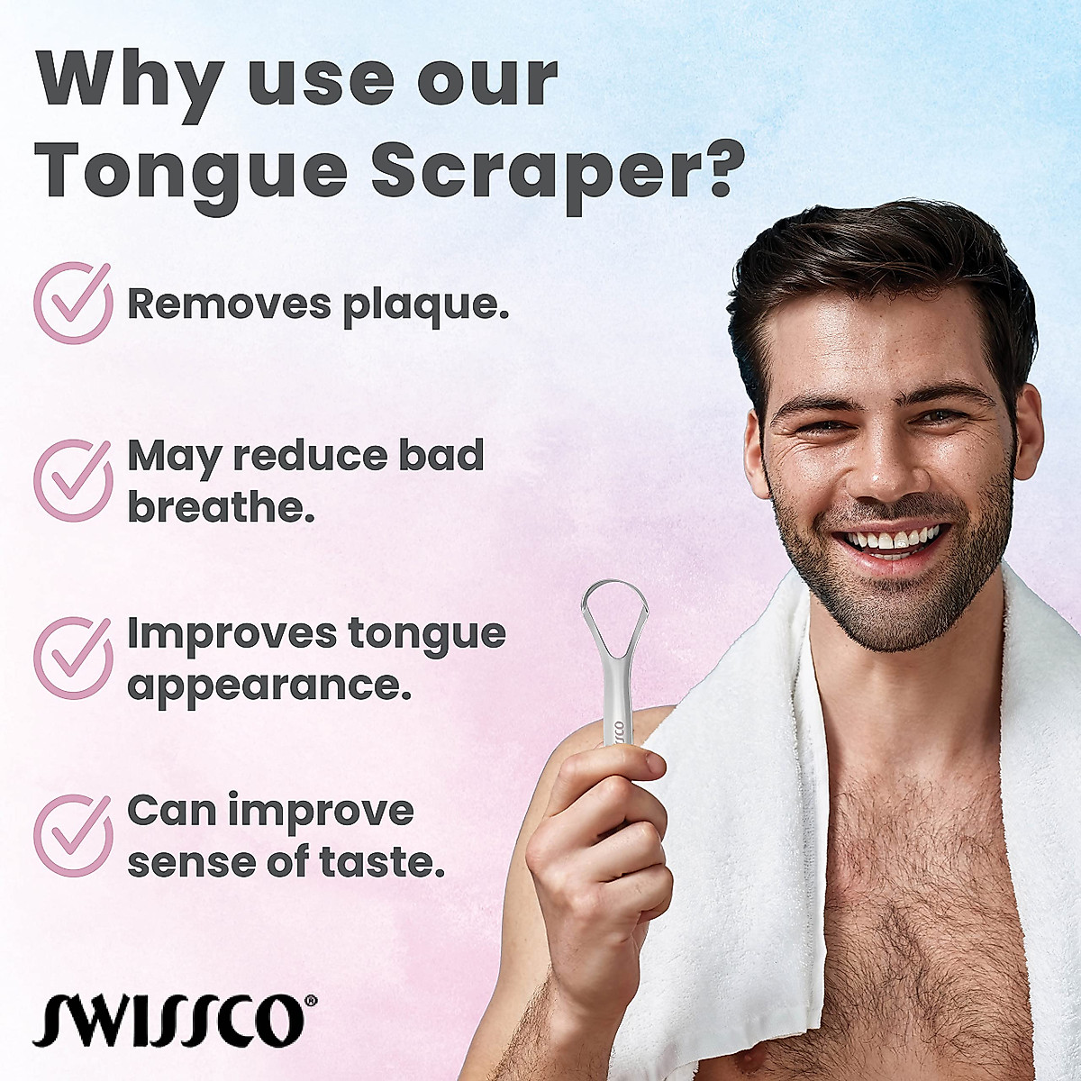 Tongue Scraper by Swissco | Stainless Steel Tongue Cleaner | Reduces Bad Breath, Improves Oral Care | Pack of 2 Tongue Scrapers