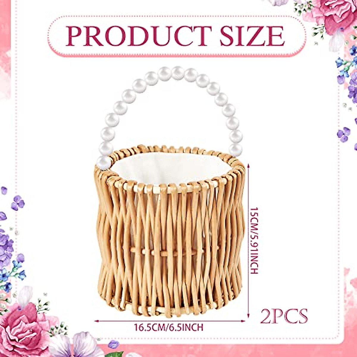 Set of 2 Wicker Wedding Flower Girl Baskets Pearl Wicker Rattan Flower Basket Handwoven Easter Basket Wicker Basket with Handle Straw Beach Bags Purse Wicker Tote for Candy Garden Home, 5.9 x 5.5 Inch