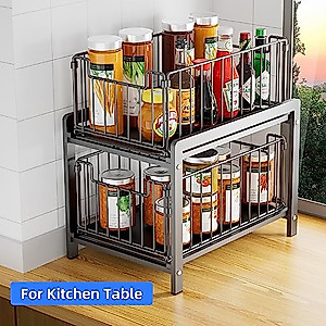 Lxmons 2 Tier Basket Drawer Organizer, Pull Out Under Sink Cabinets , Metal Home Organizer Shelf for Bathroom or Kitchen, Sliding Countertop or Pantry Storage shelf, Large Black