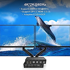4 Port HDMI + DisplayPort KVM Switch Dual Monitor, UHD 4K@60Hz, KVM Switch 2 Monitors 4 Computers with 4 USB 2.0 Hub, Keyboard Video Mouse Peripherals Switcher for 4 PCs Dual Monitors