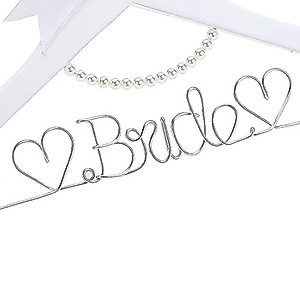 HUIDIAN White Solid Wood Bridal Dress Hanger with Bridal Wire Lettering for Bridal Wedding Party Gift (White Hanger Silver Thread and Pearl Chain)