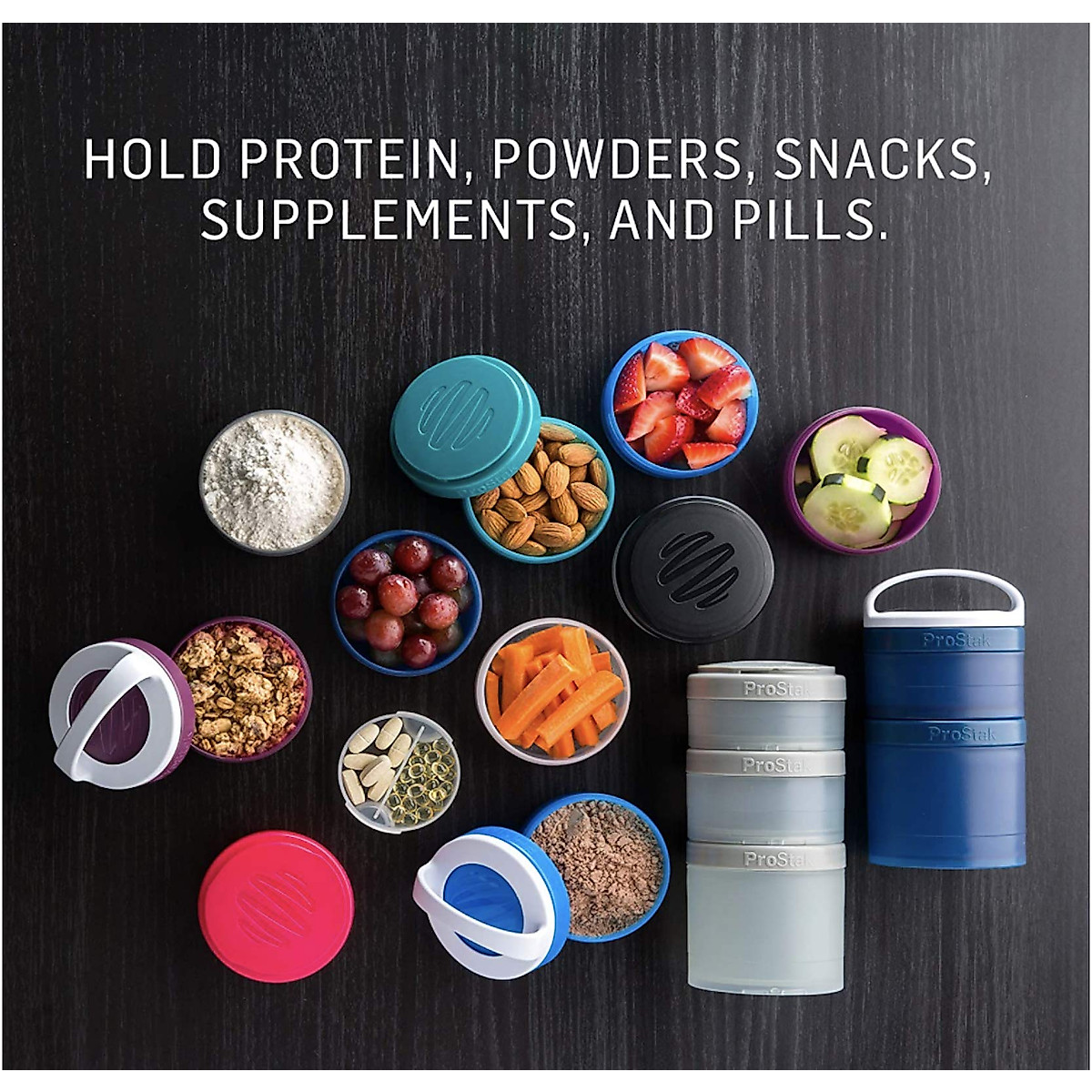 BlenderBottle ProStak Twist n’ Lock Storage Jars Expansion 3-Pak with Removable Handle, 100cc+150cc+250cc, Black