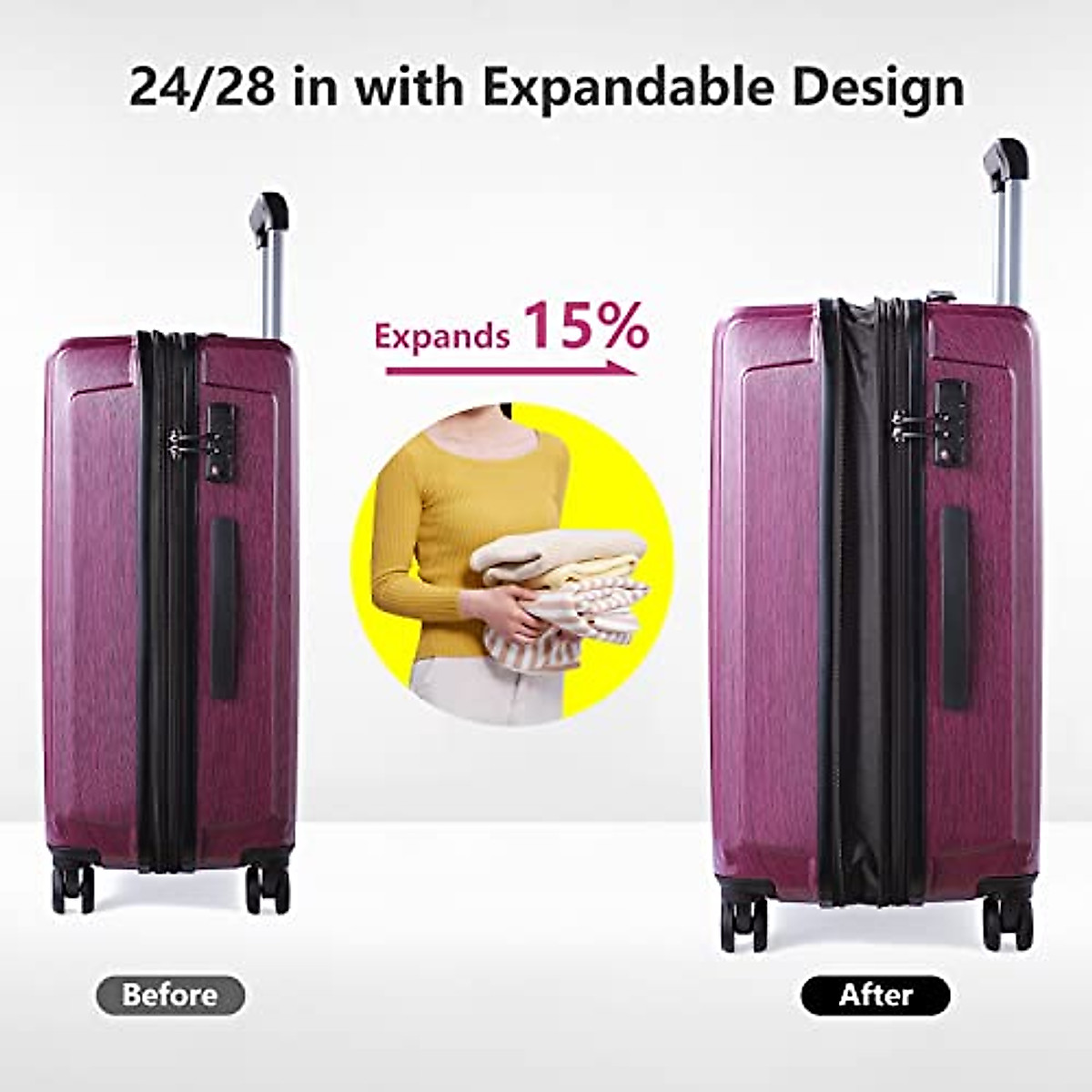 TydeCkare Luggage Set 3 Piece 21/24/28, 21" carry on with Front Pocket & 24/28" with Expandable, ABS+PC Suitcase with 4 Silent Wheels, TSA, YKK, Rose Red