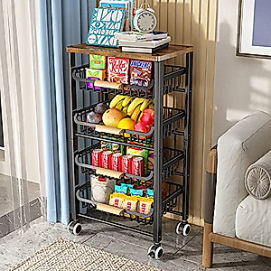 Fruit Basket for Kitchen, 5 Tier Large Pull-out Wire Basket With Wood Top and Wheels, Kitchen Storage Cart for Fruit Vegetable Onions Potatoes Banana, Black