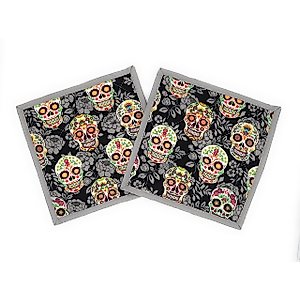 Sugar Skull Themed Potholders Set of 2 Pair Día de Muertos Kitchen Linens Day of the Dead Home Decor Quilted Hot Pads Insulated Trivets Black Grey Halloween Gifts Under 20 Handmade Pot Holders