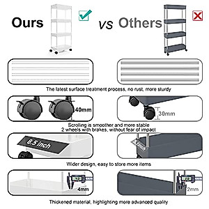 Cucn Slim Storage Cart, 4 Tier Bathroom Storage Cart with Wheels Slide Out Storage Cart Bathroom Cart Organizer Slim Rolling Storage Cart in Narrow Space Between Washer and Dryer, White