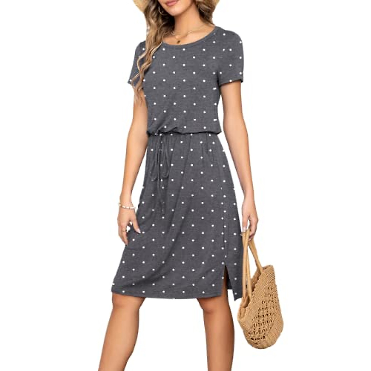 Women Summer Sleeve Pocket Modest Work Casual Midi Knee Dress Polka Dot Gray L