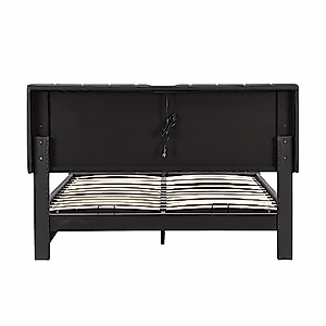 YSWH Queen Size Upholstered Platform Bed, Wood Storage Bed Frame with Hydraulic Storage System, LED Lights, Sockets and USB Ports, Kids Adults Bedroom Furniture Platform Versatility Bed (Black)