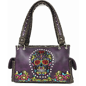 Texas West Women's Embroidered Sugar Skull Handbag Purse Wallet Set in Multi Color (Purple)