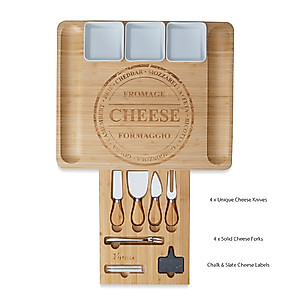 Vistella Charcuterie Cheese Board - Natural Bamboo Platter with drawer and Ceramic Bowls - Knives and Forks Set with Chalk Signs - Thicker Wider and Modern