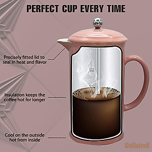 French Press Coffee Maker Stoneware Vintage Cafetiere 34 Ounces Insulated Heat Retention Dishwasher Safe (Pink)