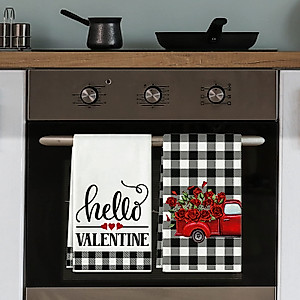 AnyDesign Valentine's Day Kitchen Towel Truck Rose Flower Dish Towel 18 x 28 Inch White Black Buffalo Plaids Hand Drying Towel Tea Towel for Wedding Anniversary Cooking Baking, Set of 4